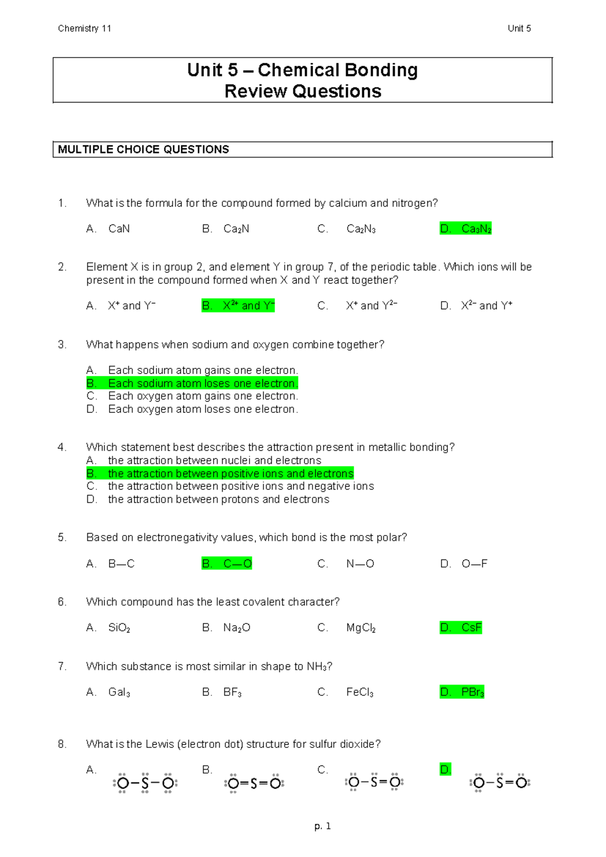 Chemical Bonding Unit 5: Review Questions and Solutions (2024 ...