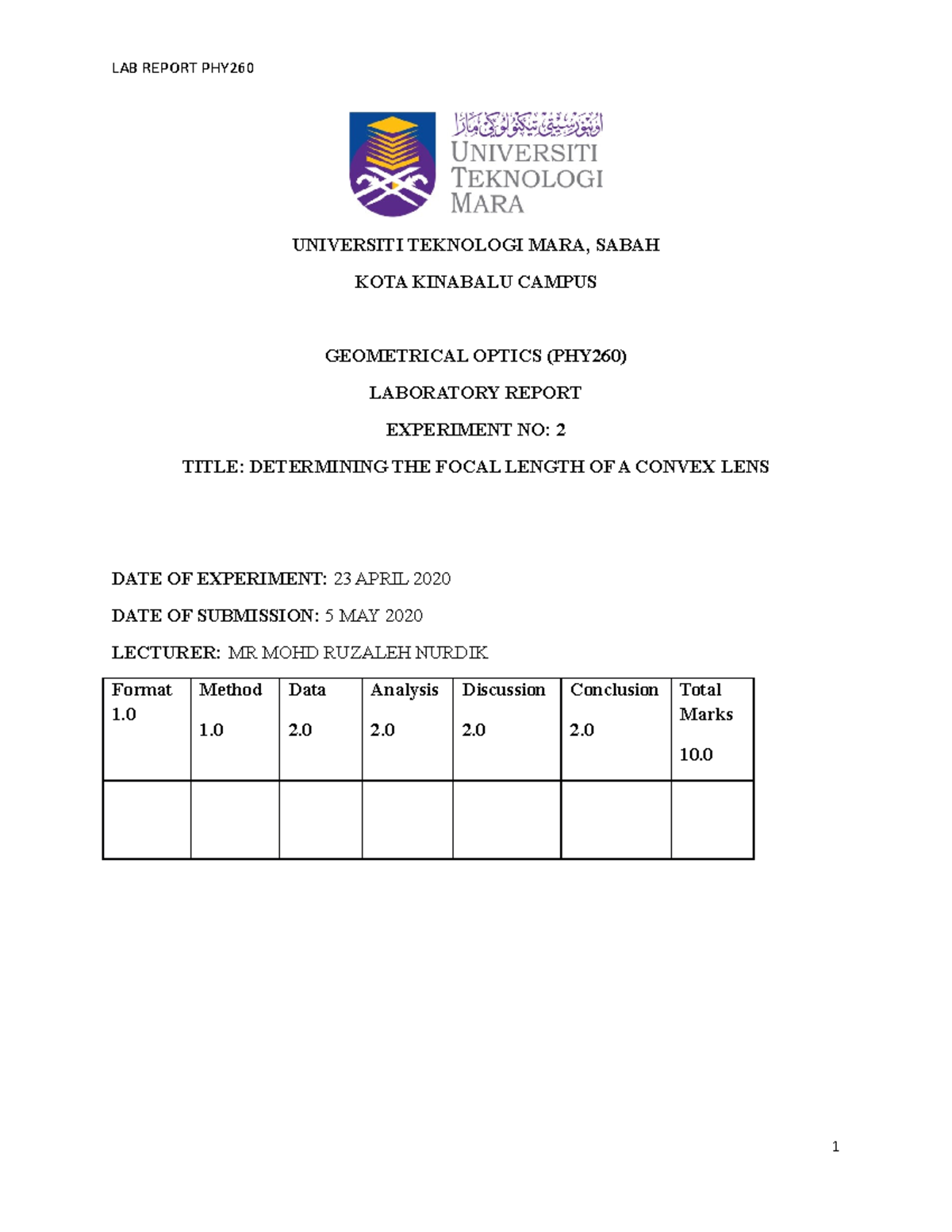 PHY260 Lab Report: Focal Length Measurement of a Convex Lens - Studocu