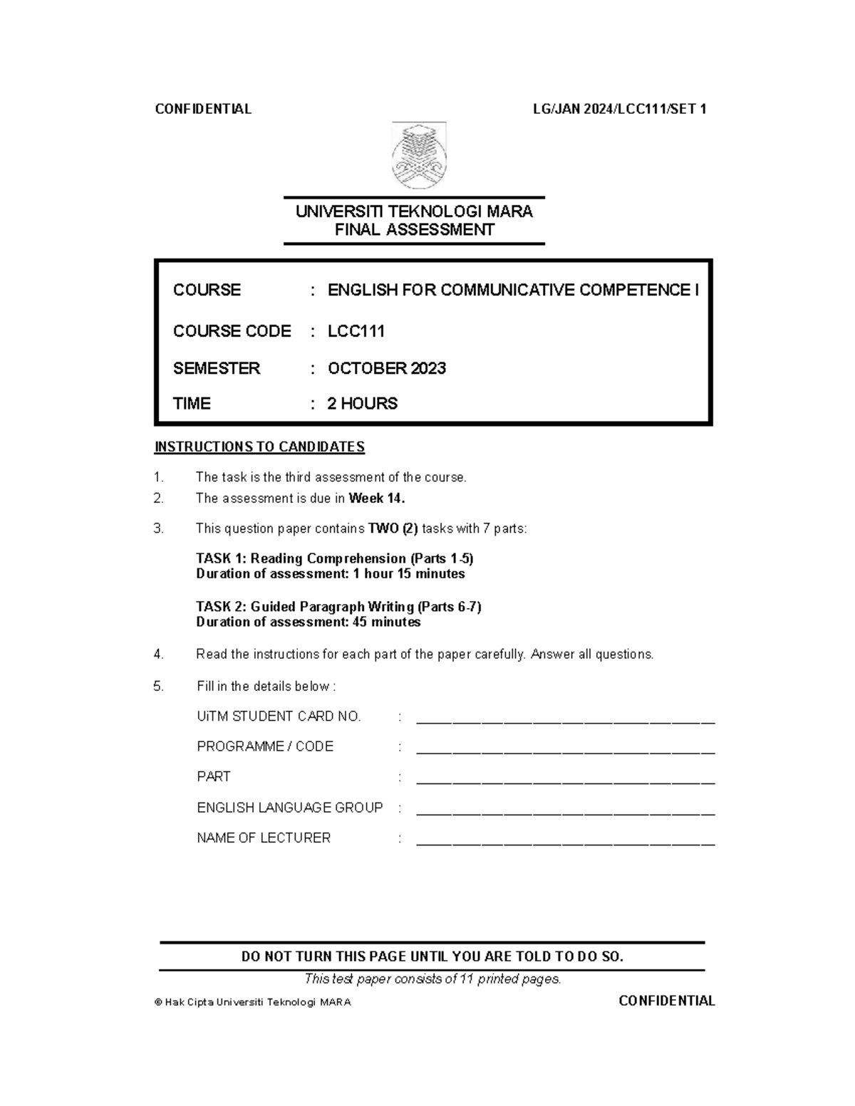 LCC - FINAL ASSESSMENT: ENGLISH FOR COMMUNICATIVE COMPETENCE I - Studocu