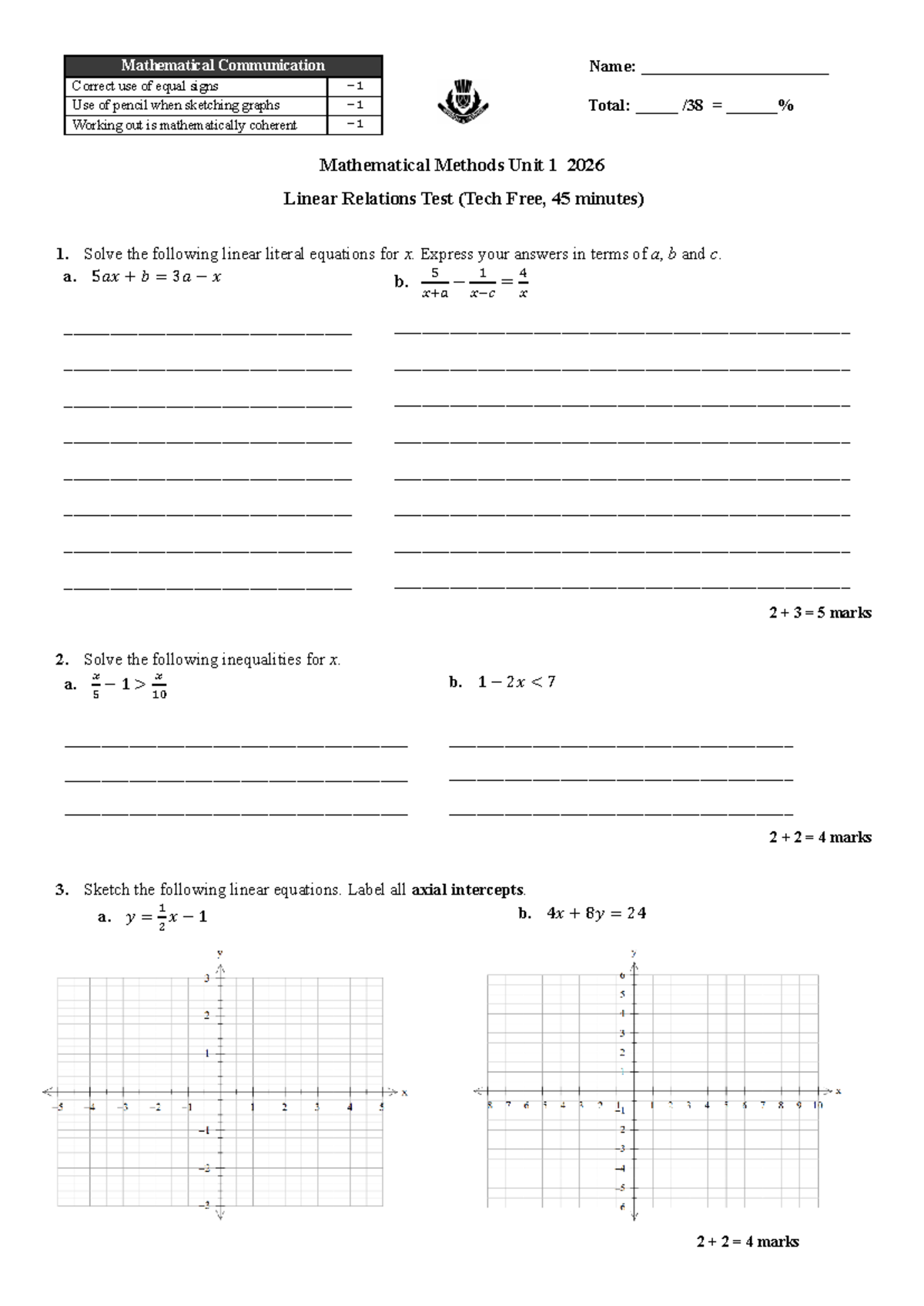 11MM Linear Relations Test 2026 - Mathematical Communication - Studocu