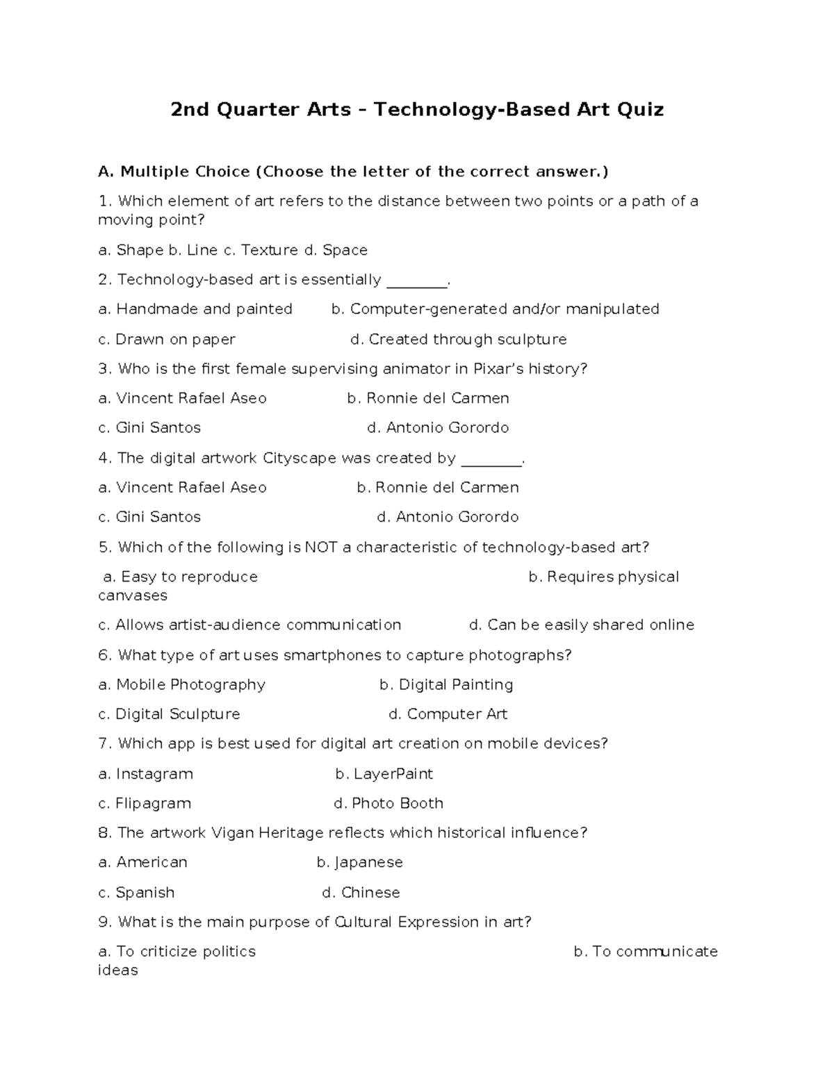 2nd Quarter Arts Quiz A - Multiple Choice Questions - Studocu