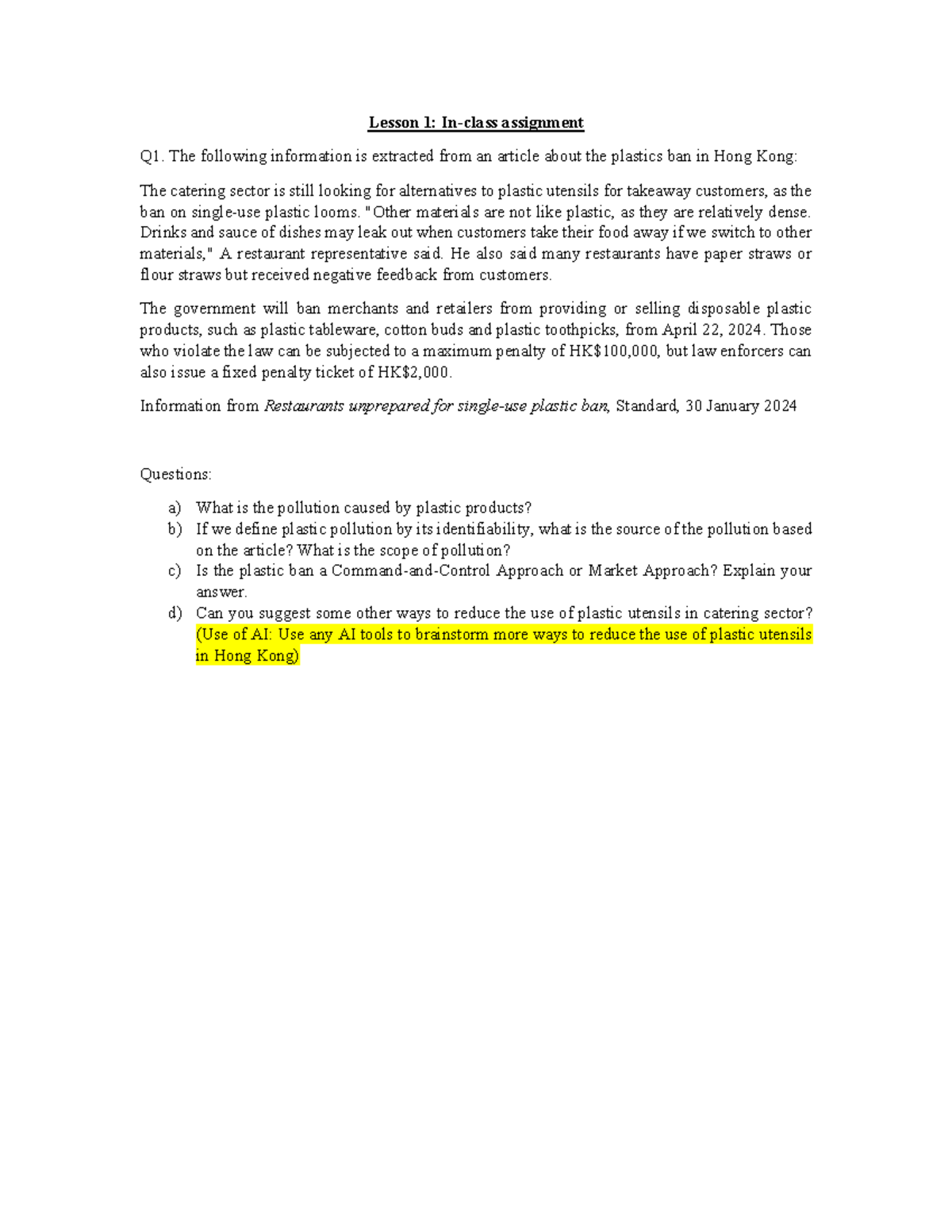 Lesson 1: Assignment Q1 on Hong Kong's Plastic Ban Impact - Studocu