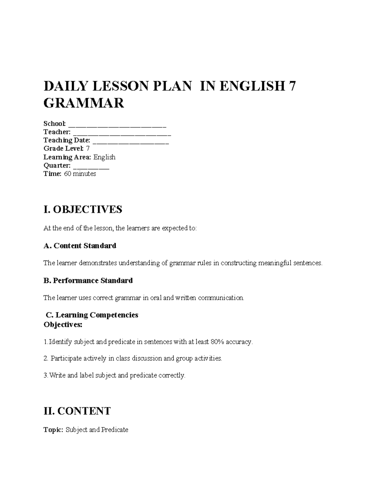 Daily Lesson Plan: English 7 Grammar - Subject and Predicate - Studocu
