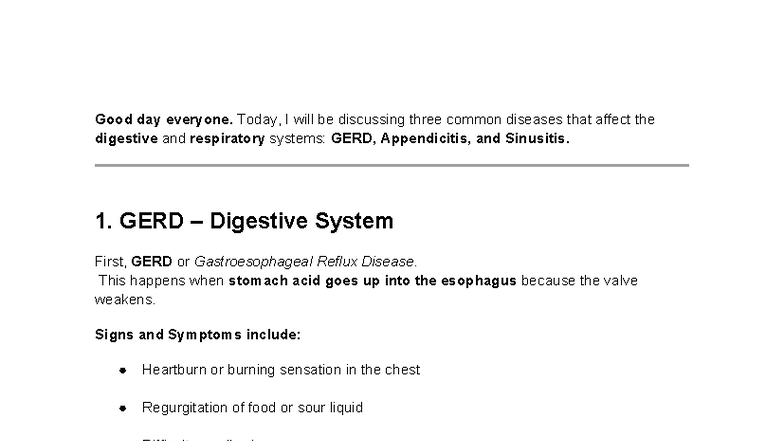 Digestive & Respiratory Diseases: GERD, Appendicitis, Sinusitis - Studocu