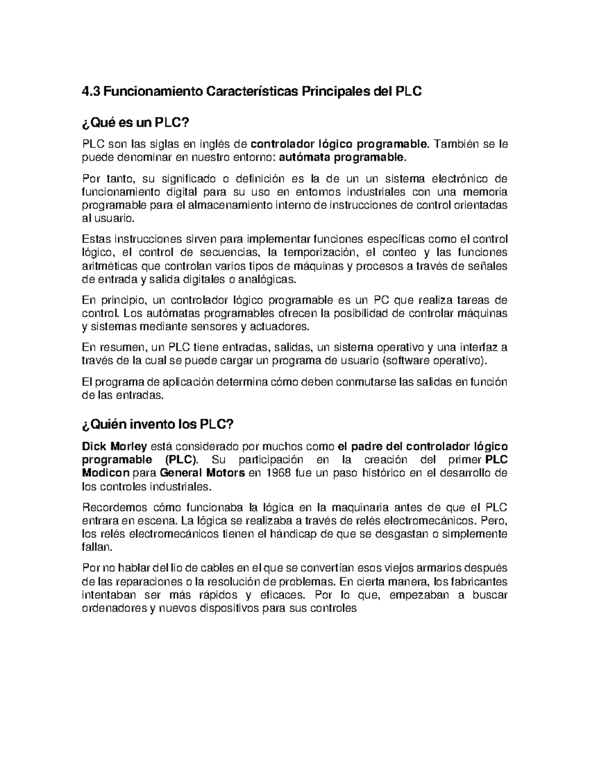 4.3 Funcionamiento y Características Principales del PLC - Studocu