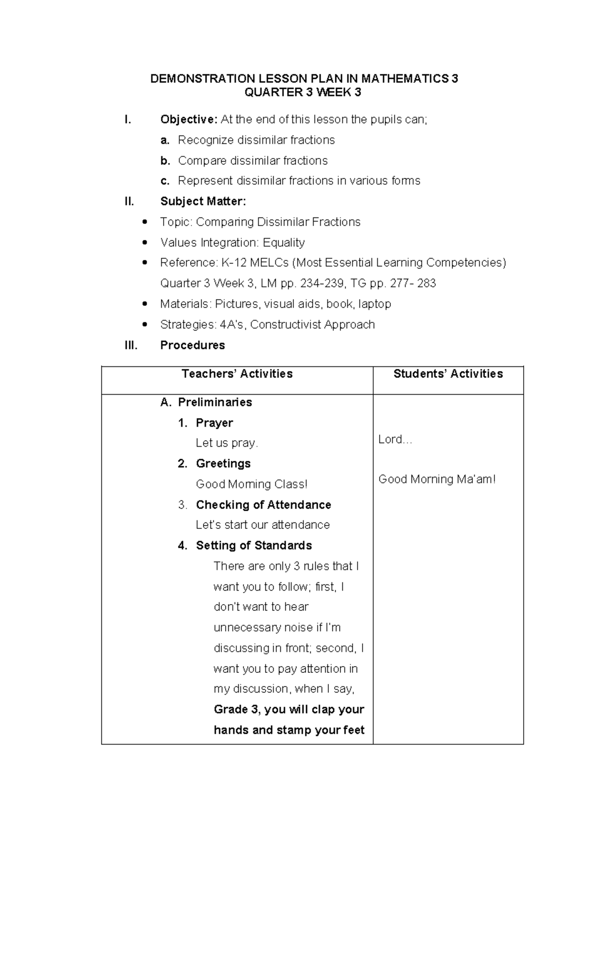 Demonstration Lesson Plan in Mathematics 3: Comparing Dissimilar Fractions - Studocu