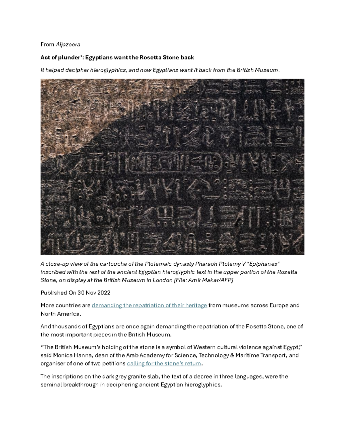 Repatriation Demands: The Ongoing Struggle for the Rosetta Stone - Studocu
