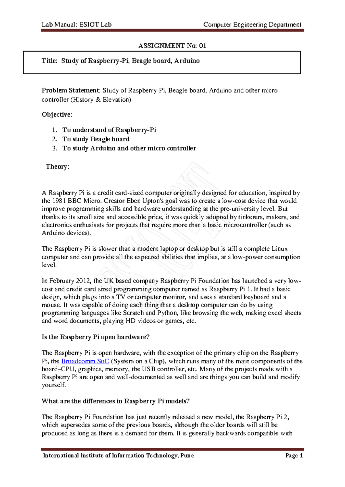 Iot lab manual - ASSIGNMENT No: 01 Title: Study of Raspberry-Pi, Beagle ...