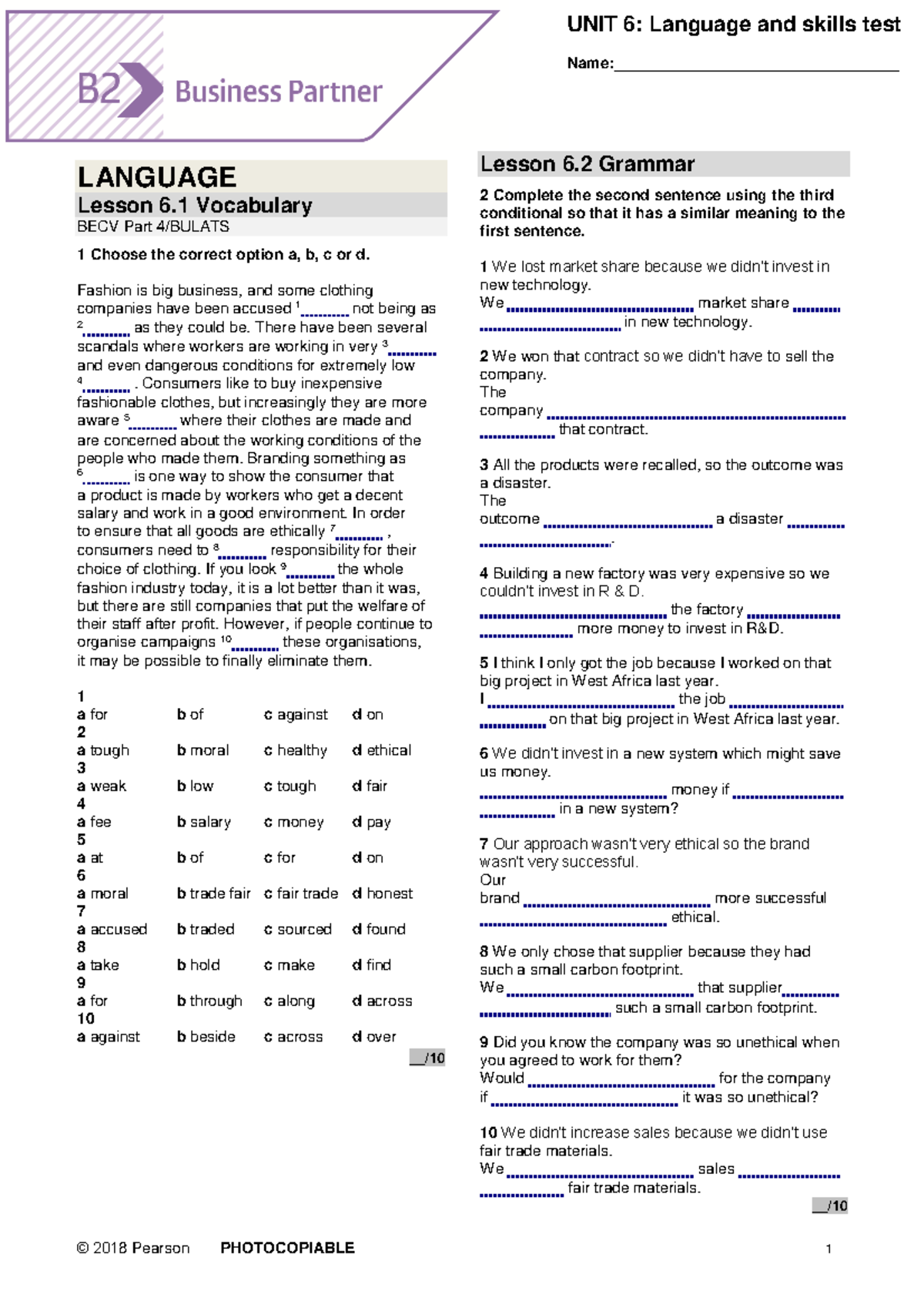 BP B2 Tests Unit 6: Vocabulary, Grammar, and Functional Language - Studocu