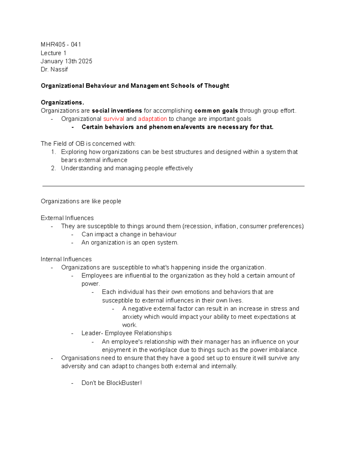 MHR405 041 Lecture 1: Organizational Behaviour & Management Insights ...