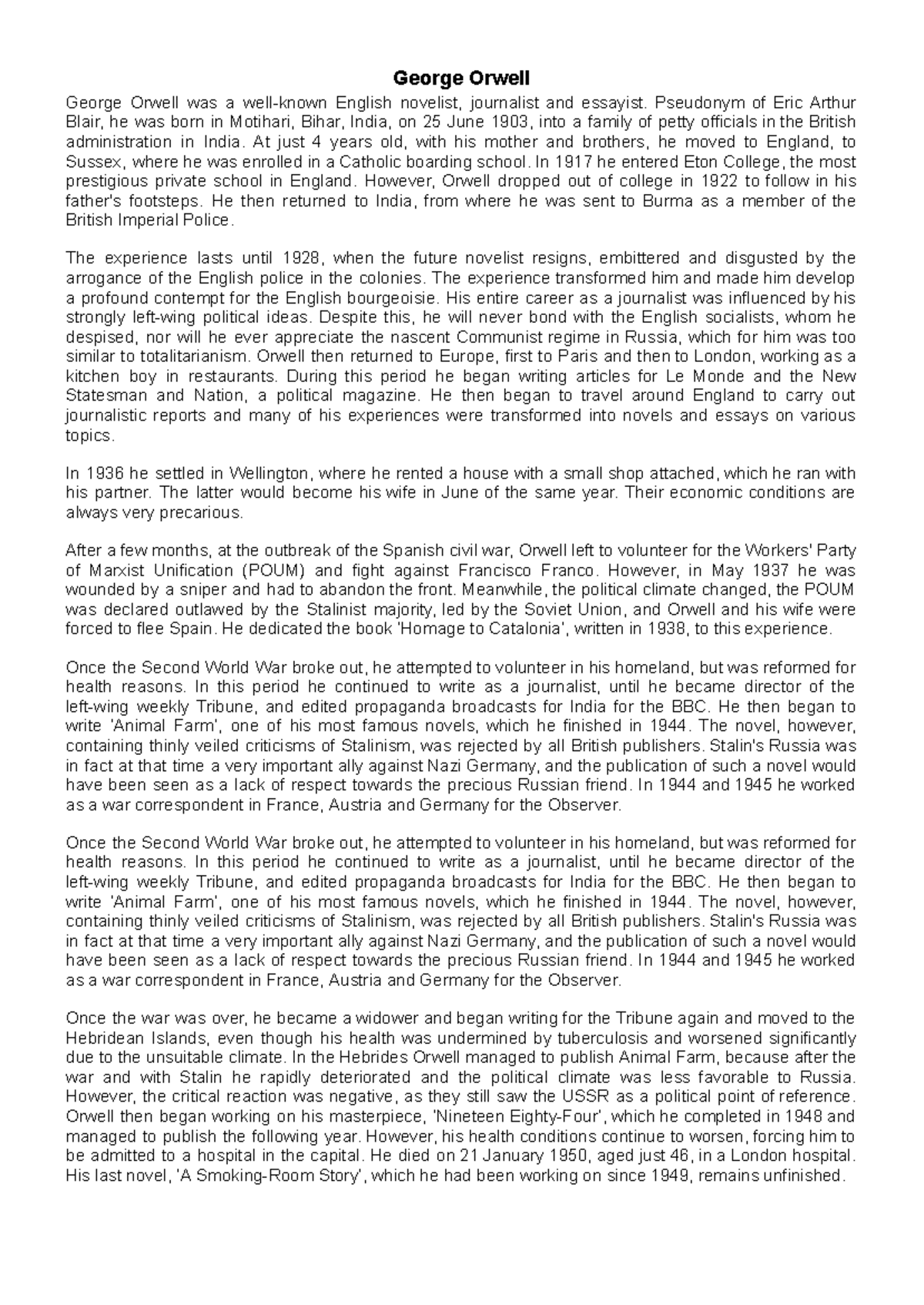 George Orwell: Life, Works, and Political Themes in Literature - Studocu