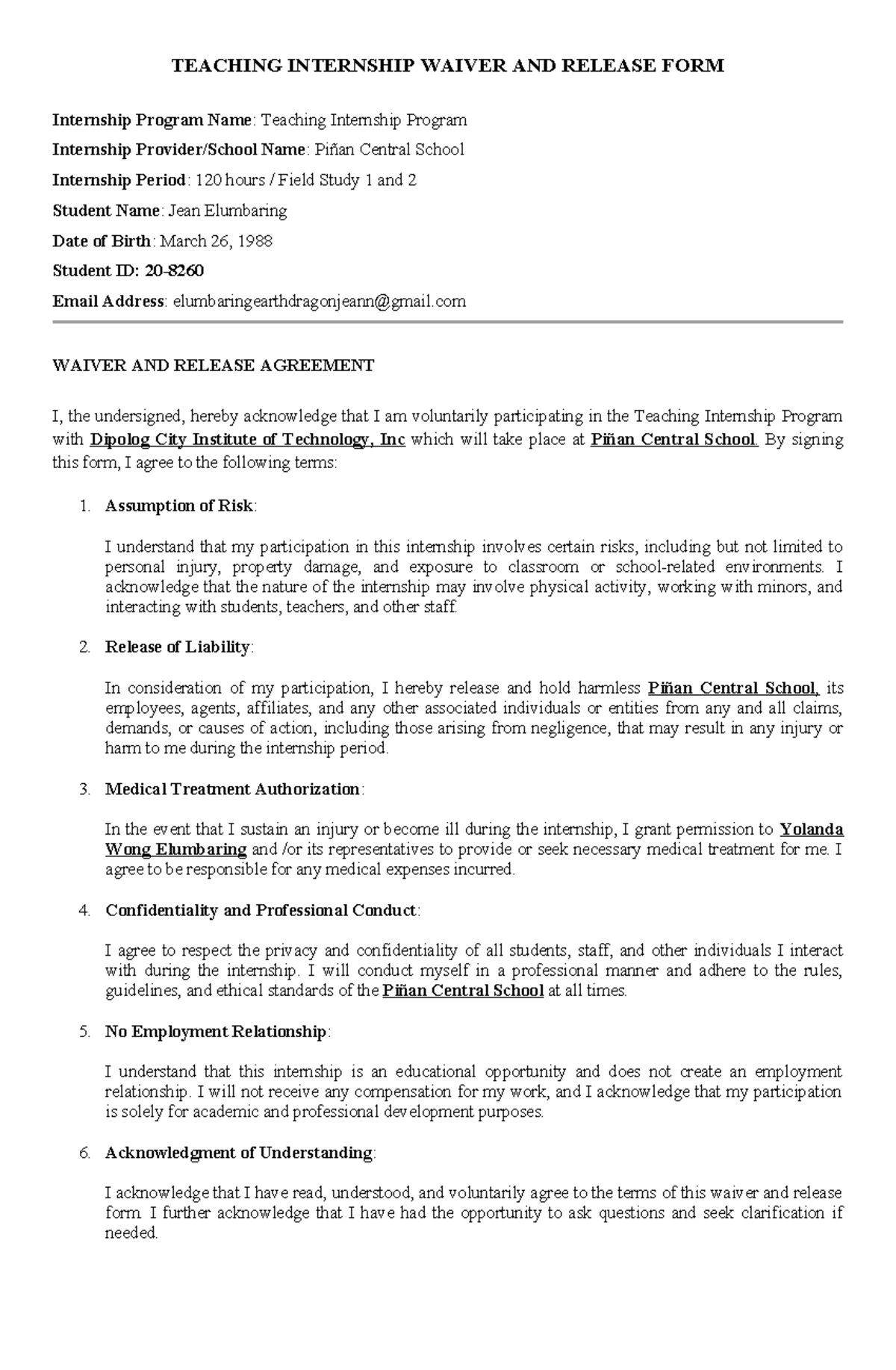 Teaching Internship Waiver & Release Form - Field Study 1 & 2 - Studocu
