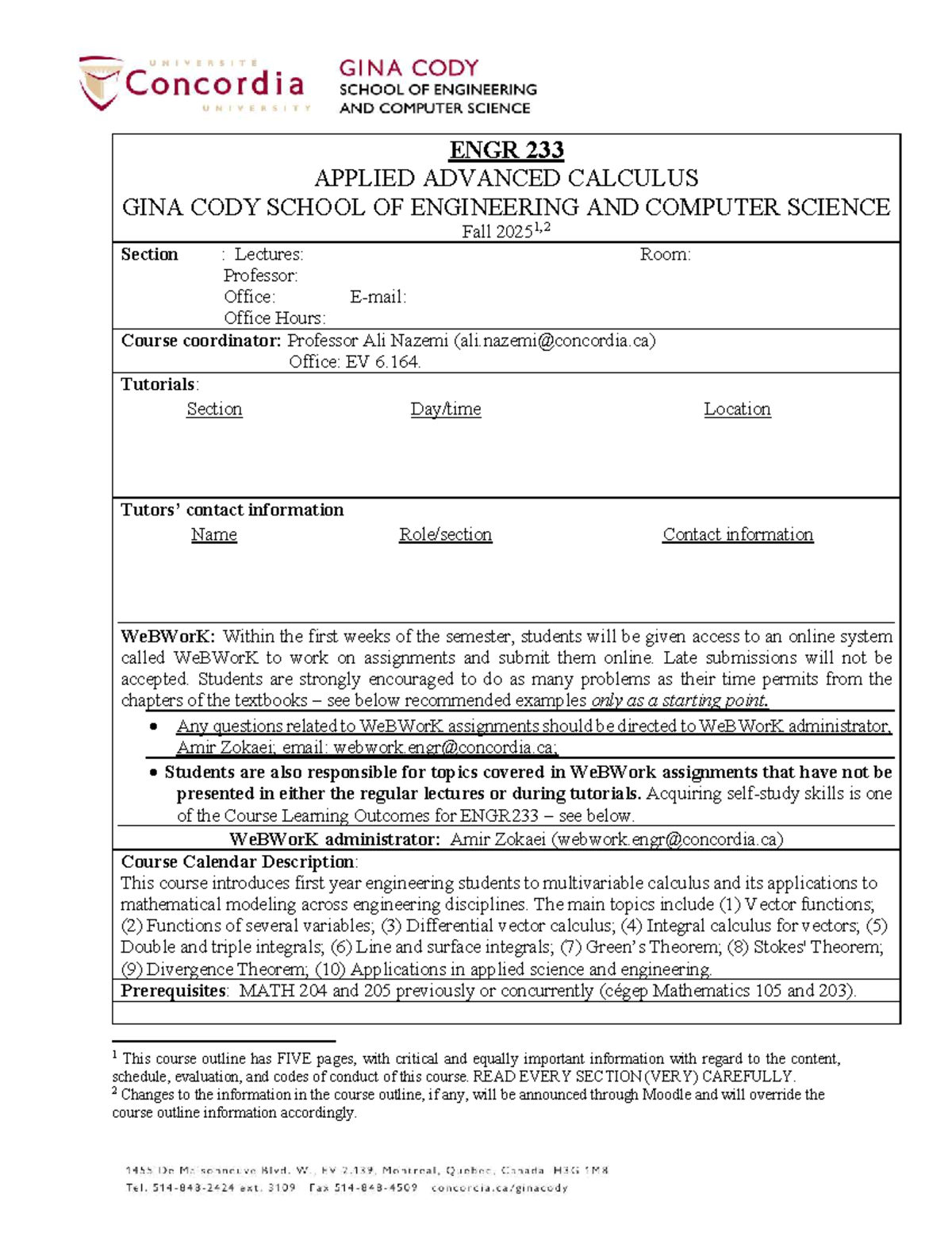 ENGR 233 APPLIED ADVANCED CALCULUS - Course Outline Fall 2025 - Studocu