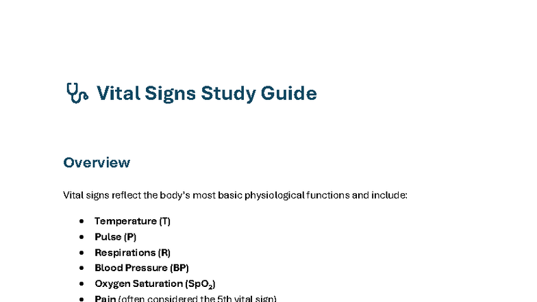 Vital Signs Study Guide: Overview and Key Concepts - Studocu