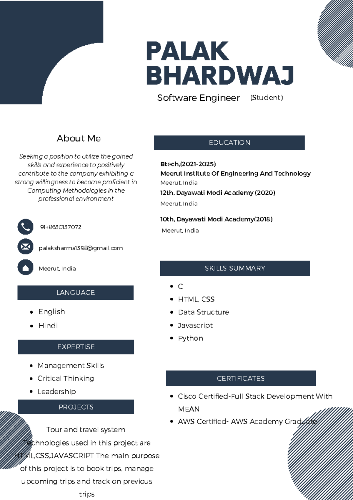 Palak Bhardwaj - Software Engineer Resume (Student) - Studocu