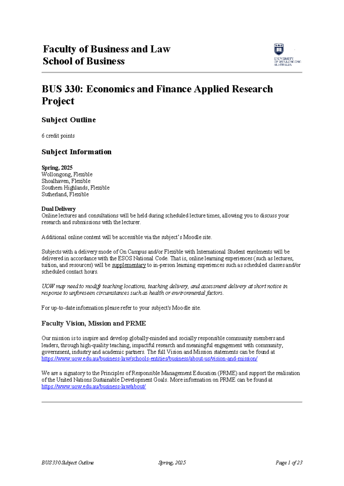 BUS 330: Economics and Finance Applied Research Project Subject Outline ...