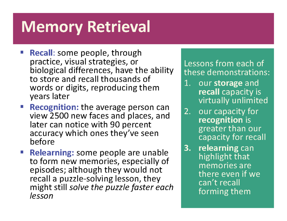 Ch 8 Memory Retrieval & Forgetting Notes for PSY 101 - 1-20-23 - Studocu