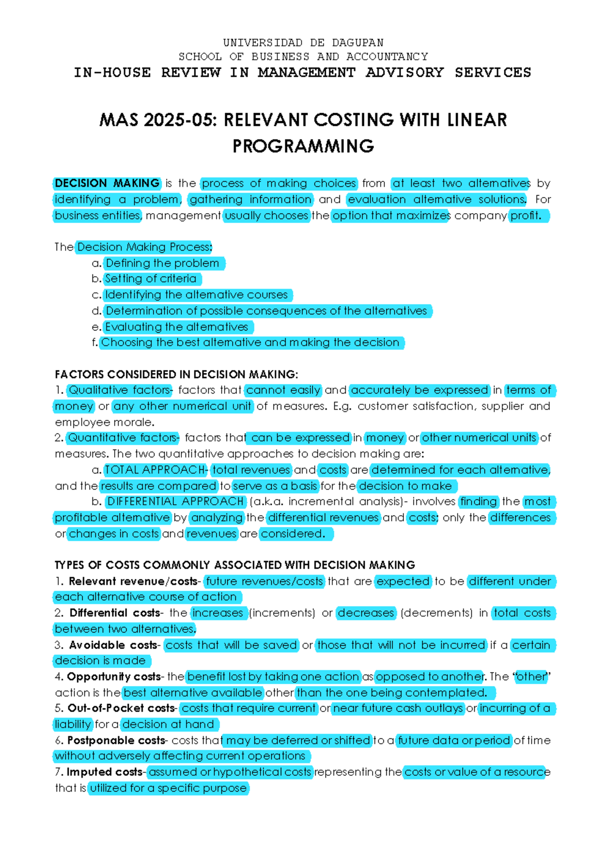 MAS 2025 05 Review on Relevant Costing & Linear Programming in Decision Making - Studocu