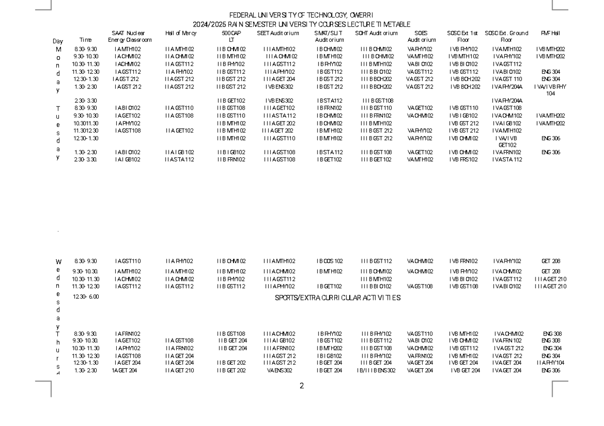 2024/2025 Rain Semester University Courses Lecture Timetable - Studocu