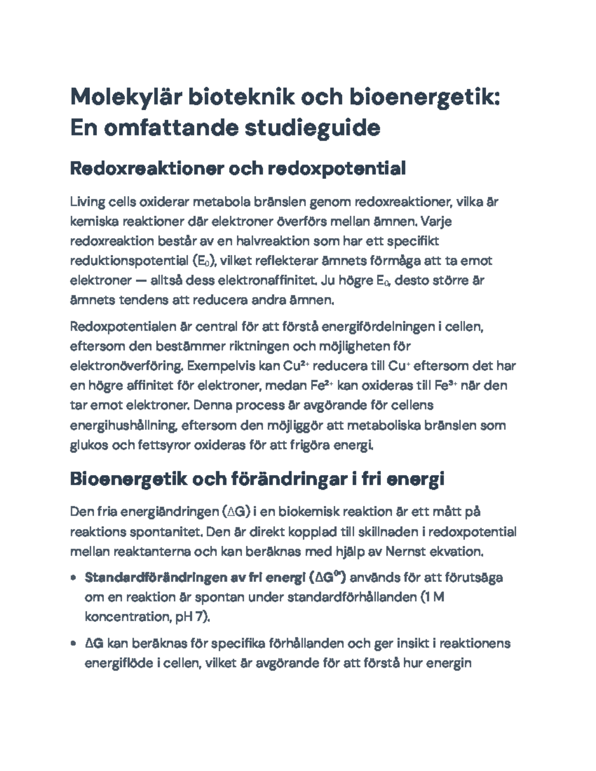 Molekylär Bioteknik och Bioenergetik: Studieguide för Redoxreaktioner ...