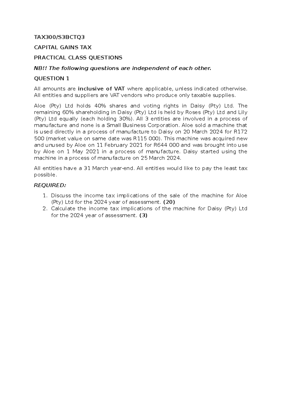 TAX300/S3BCTQ Practical Class Questions on Capital Gains Tax - Studocu