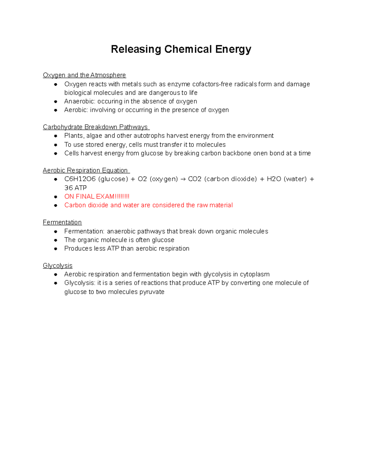 Chapter 6 - Releasing Chemical Energy Oxygen and the Atmosphere Oxygen ...