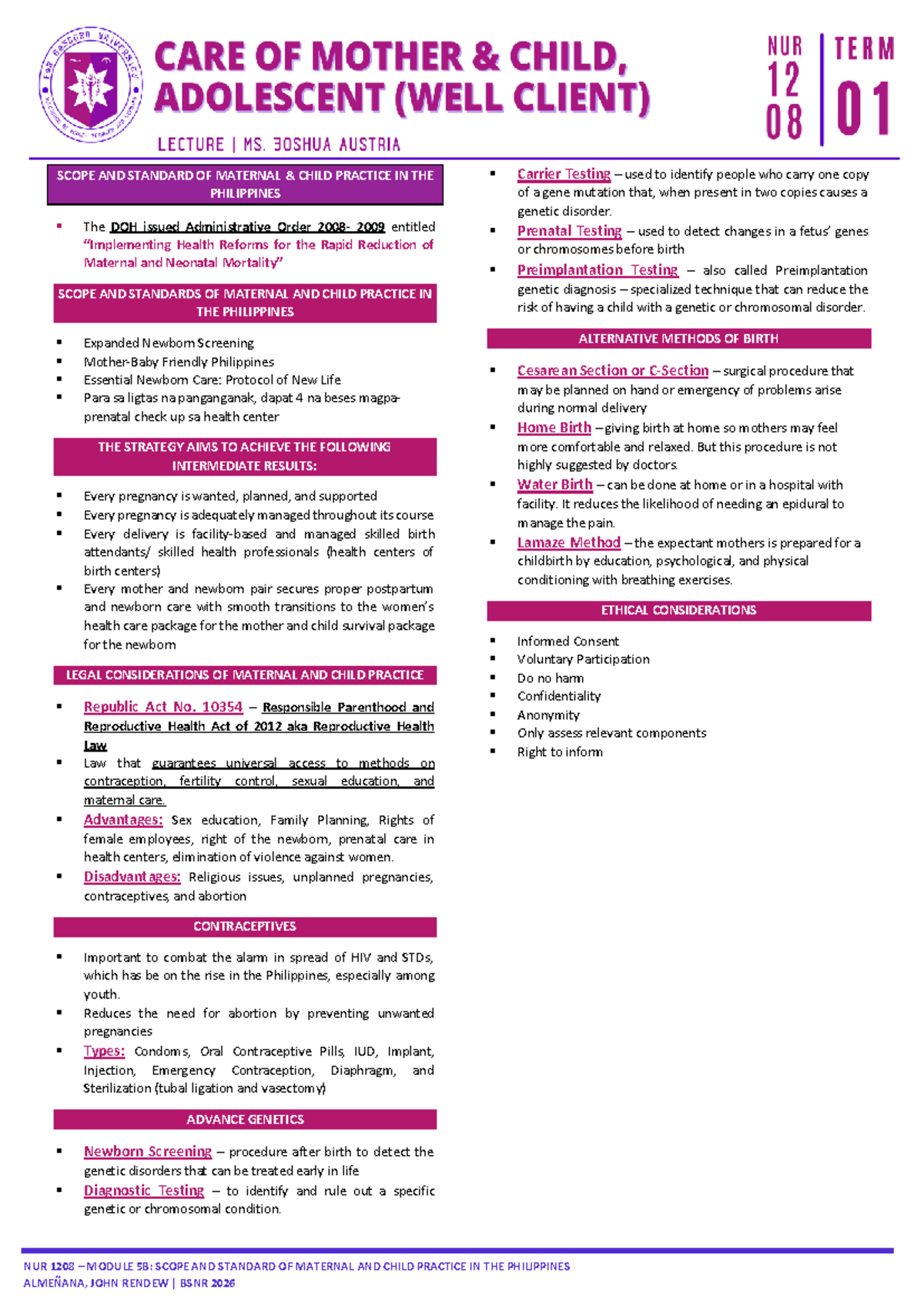 NUR 1208 Module 5B: Scope & Standards of Maternal & Child Practice in ...