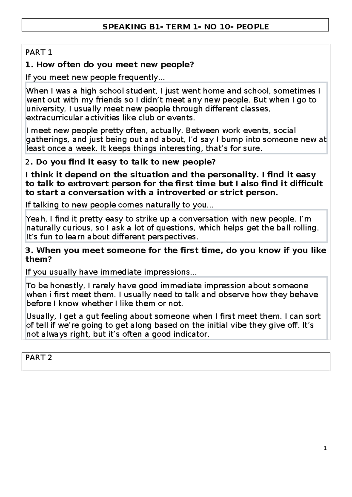 Speaking B1 - Term 1 - No 10 - Meeting New People and Role Models - Studocu