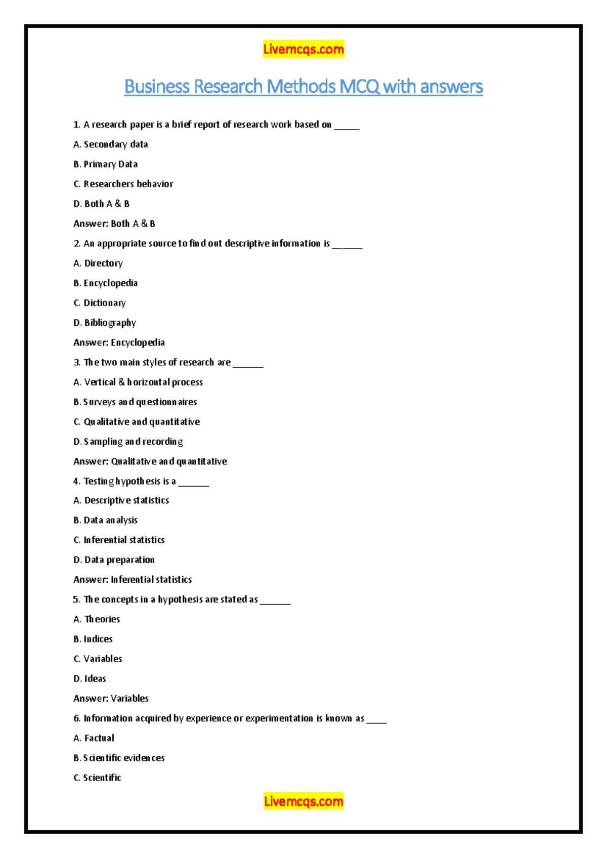 Business Research Methods MCQ with Answers - Comprehensive Guide - Studocu