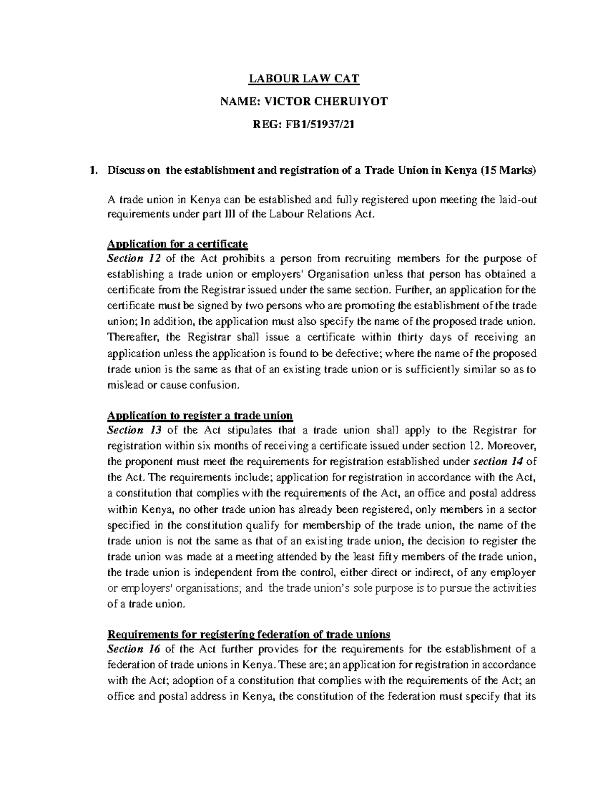 Labour Law CAT: Establishment & Registration of Trade Unions in Kenya ...