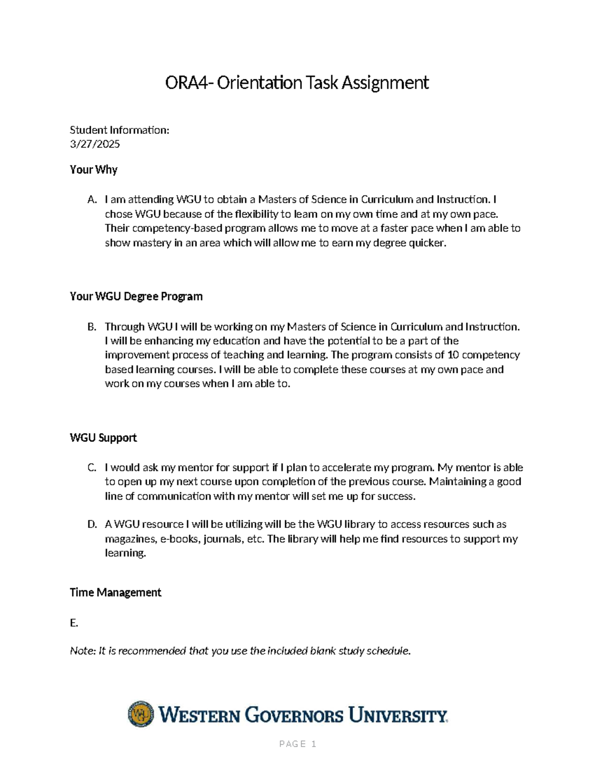 WGU ORA4 - Orientation Task for Masters in Curriculum & Instruction ...