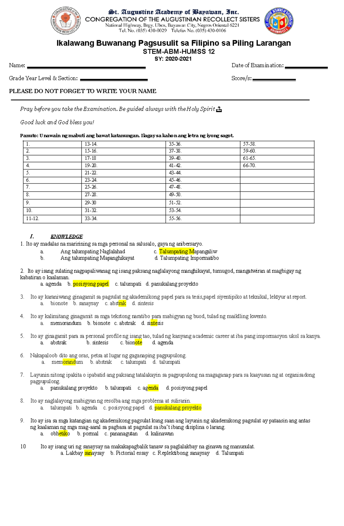 Ikalawang Buwanang Pagsusulit sa Filipino sa Piling Larangan (STEM-ABM ...