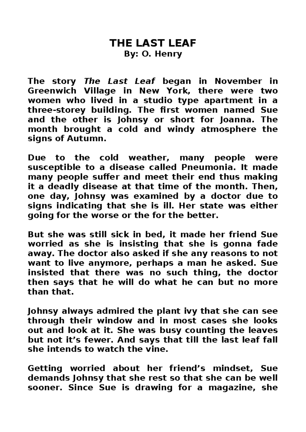 THE LAST LEAF: Analysis & Themes - MusicArtsPhysicalEducationHealth ...