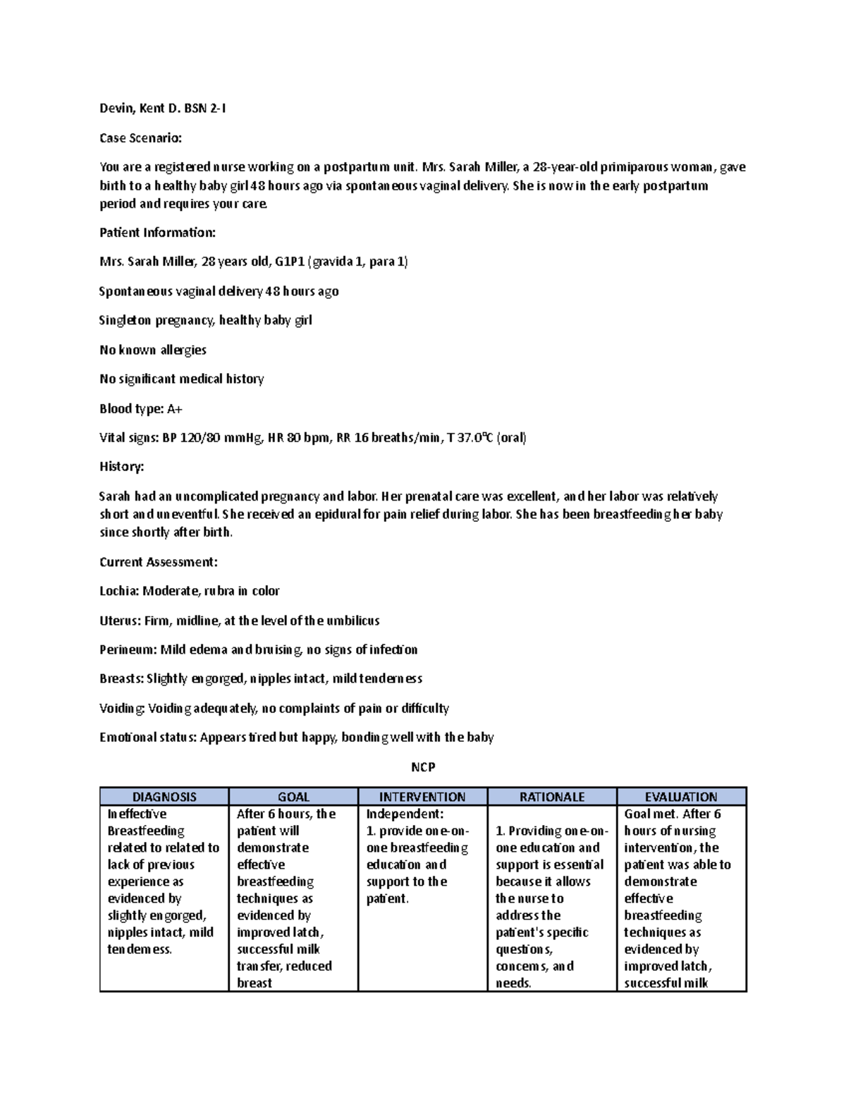 Devin, Kent. BSN 2-I (NCM 107-Module 4-Activity) - Devin, Kent D. BSN 2-I Case Scenario: You are ...