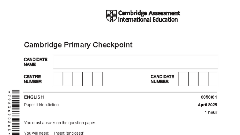 Cambridge Primary Checkpoint ENGLISH Paper 1 - April 2025 - Studocu