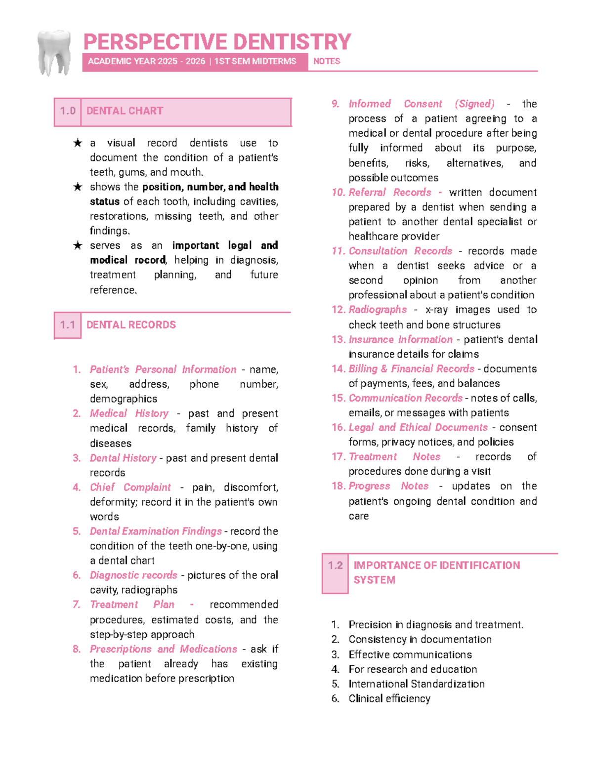 PERSPECTIVE DENTISTRY 2025-2026 1ST SEM MIDTERM DENTAL CHART NOTES ...