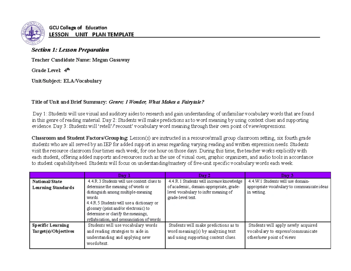 3-day unit plan template - Section 1: Lesson Preparation Teacher ...