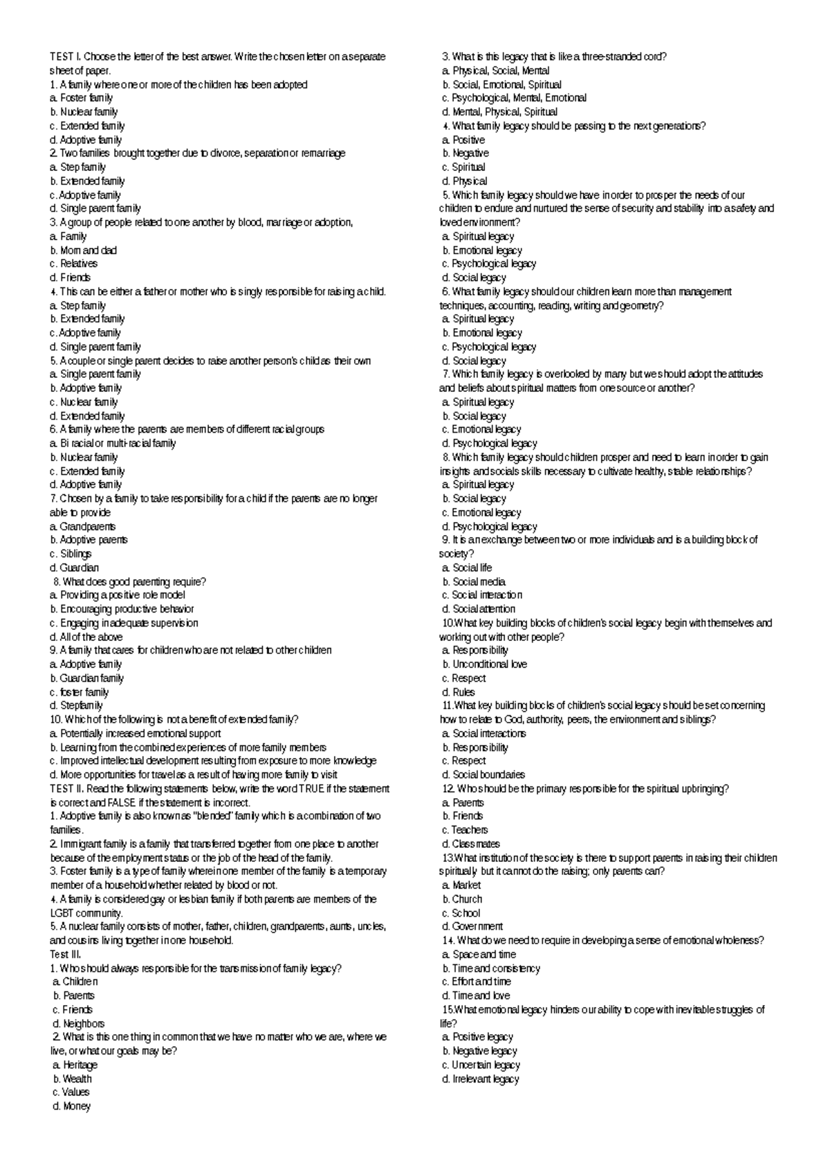 Family Structures Long Quiz: Test I & II on Family Types and Legacies ...