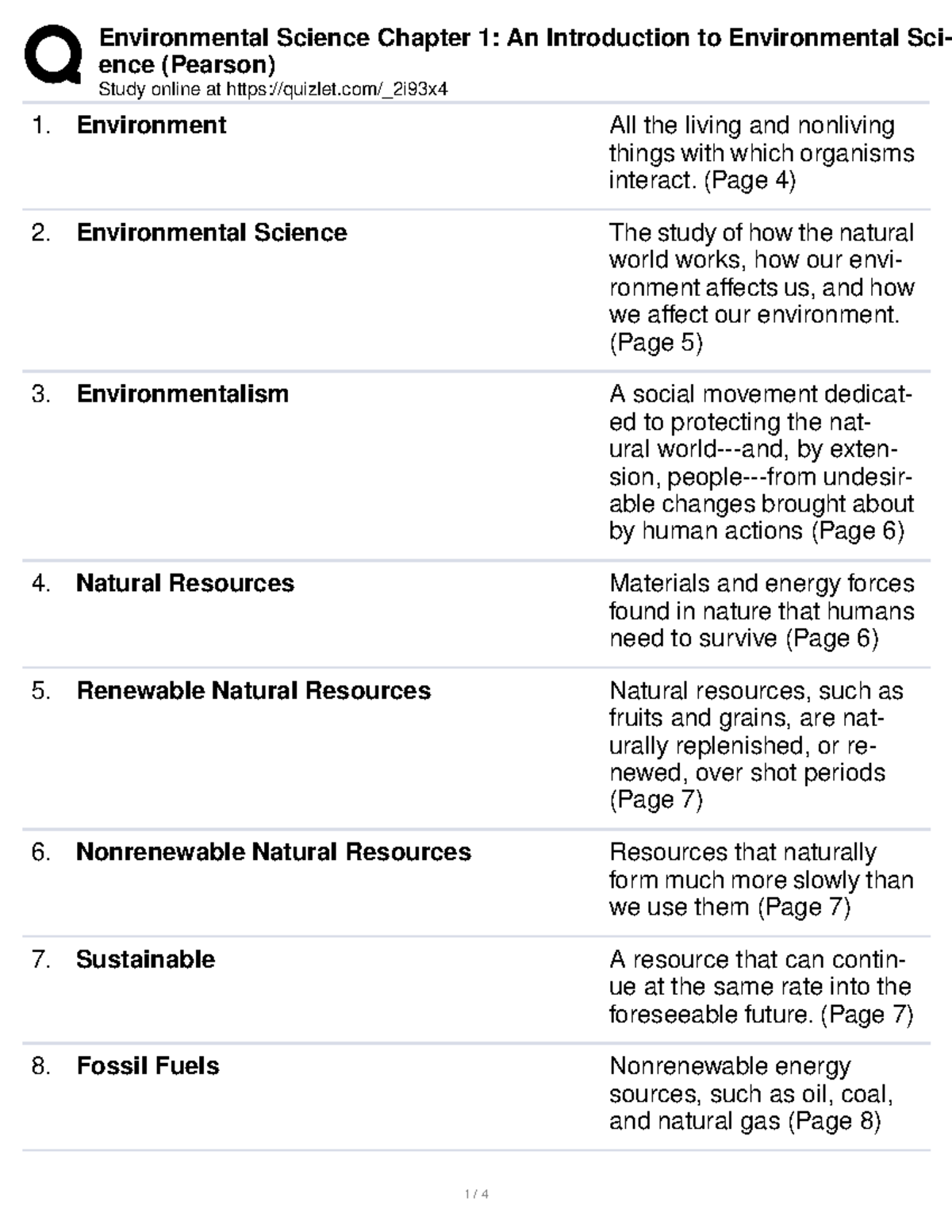Environmental Science Chapter 1: Key Concepts and Definitions - Studocu
