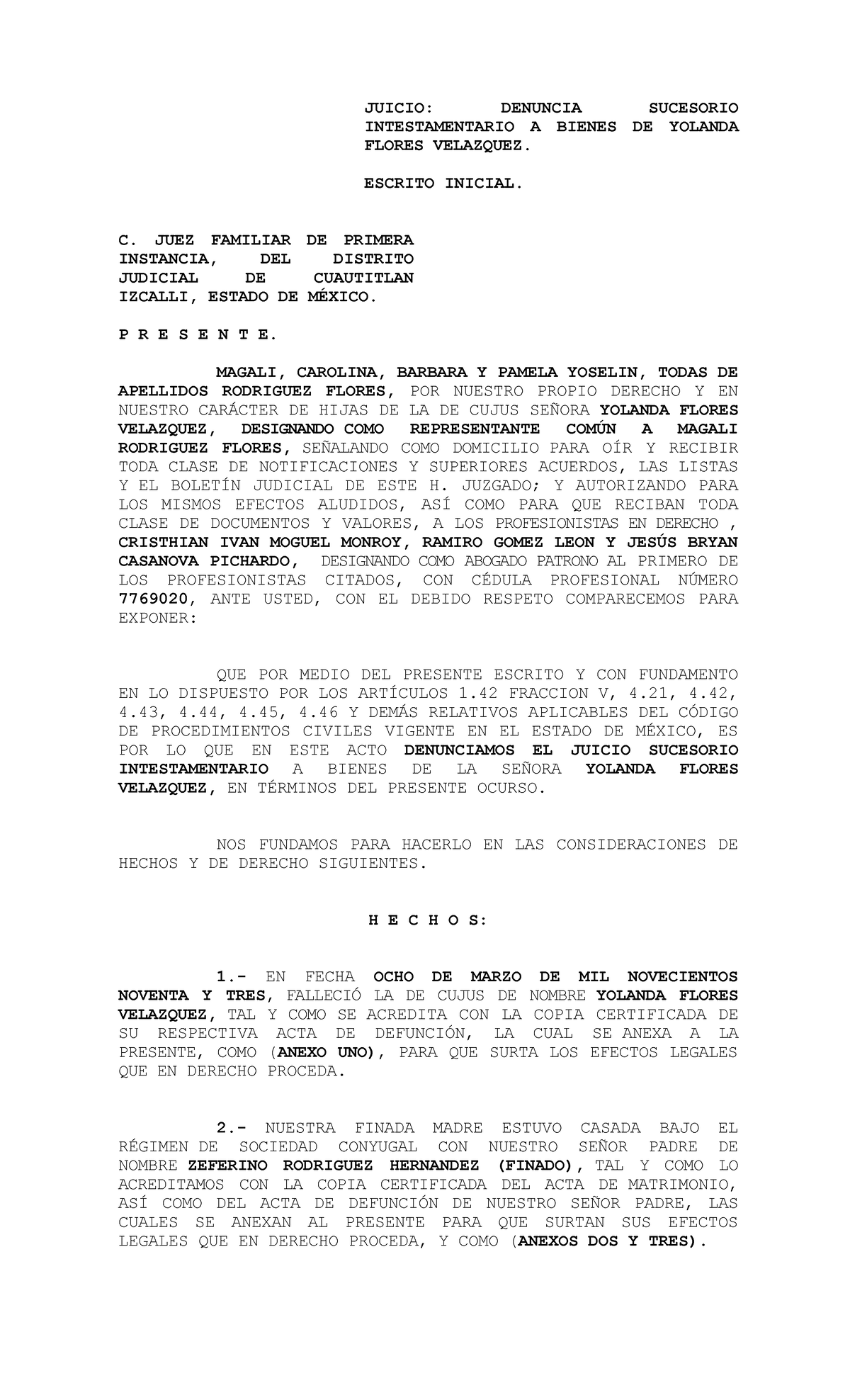 Escrito Inicial Sucesorio Intestamentario Yolanda Flores Velazquez ...