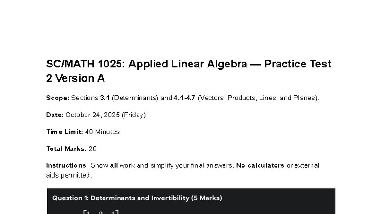 SC MATH 1025 Applied Linear Algebra — Test 2 Practice Version A - Math ...