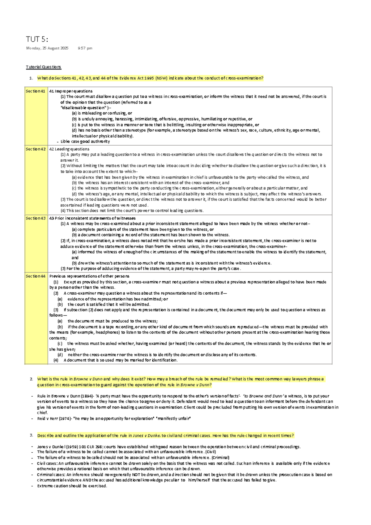 TUT 5: Tutorial Questions on Evidence Act 1995 (NSW) Sections 41-44 ...