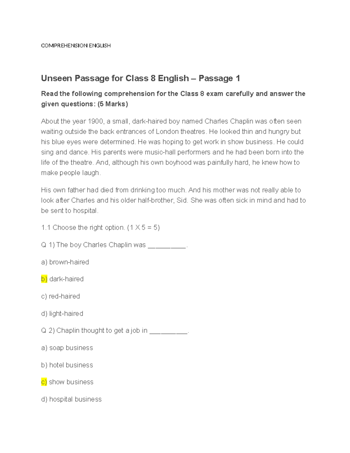 CBSE Class 8 English Unseen Passage Comprehension Practice - Studocu
