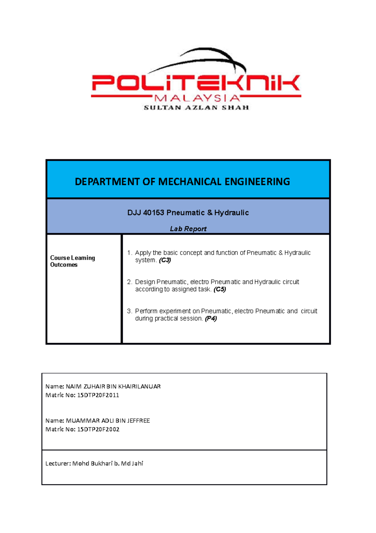 DJJ 40153 Pneumatic Lab Report 3: Electro-Pneumatic Systems Study - Studocu