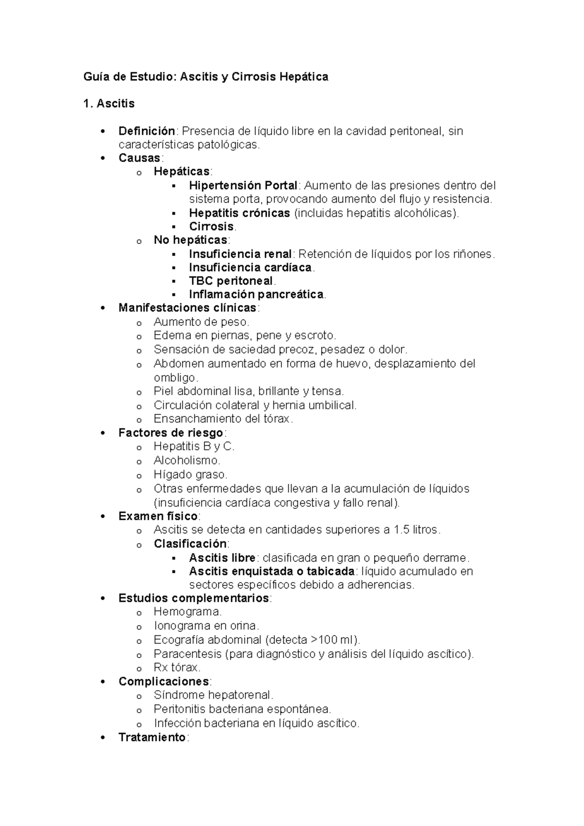 Guía de Estudio: Ascitis y Cirrosis Hepática - Conceptos Clave y ...