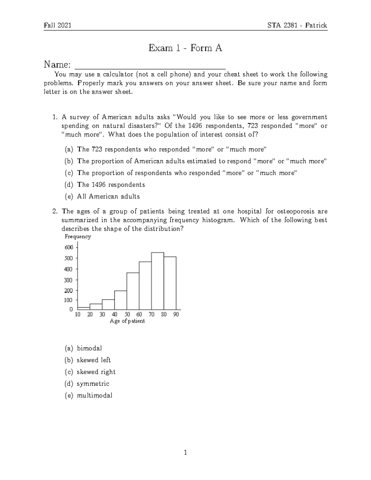 Exam 1 form a - Exam 1 for Patrick's class - Exam 1 - Form A Name: i ...