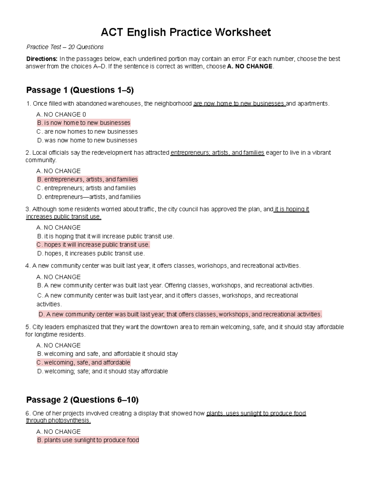 ACT English Practice Worksheet: 20 Questions Test - Studocu