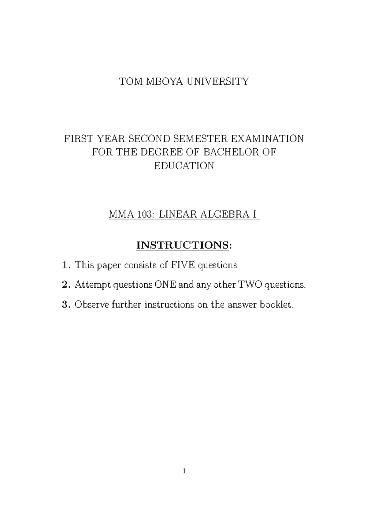 MMA 103: Linear Algebra I Final Exam Paper - Studocu
