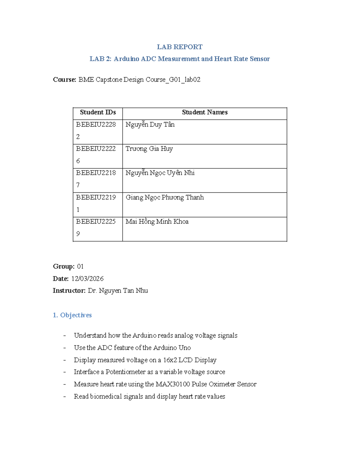 LAB REPORT 2: Arduino ADC & Heart Rate Sensor - BME Capstone G01 - Studocu