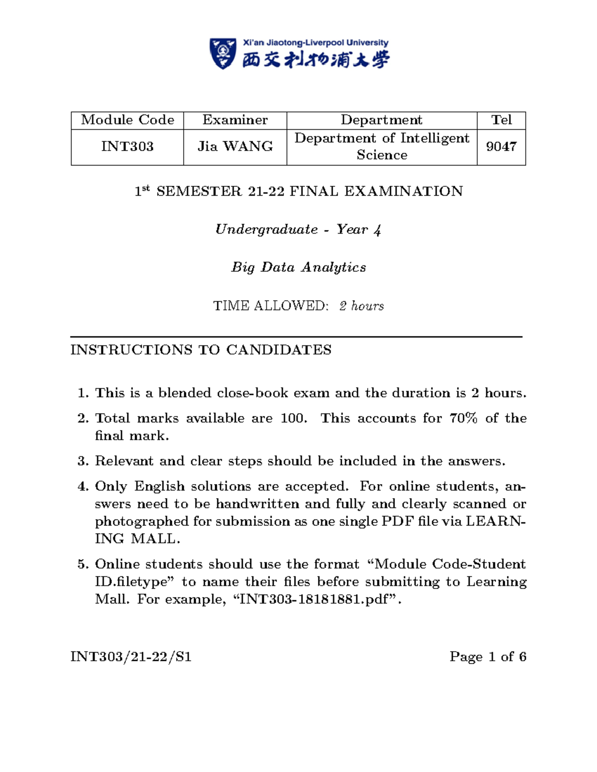 INT303 Final Exam Paper: Big Data Analytics (2021-2022) - Studocu